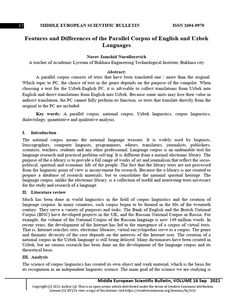 Features and Differences of The Parallel Corpus of English and Uzbek Languages. Jamshid Norov ...