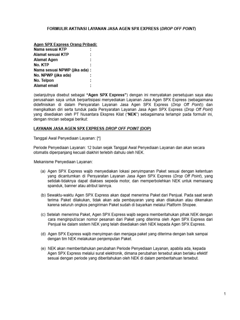 Surat Perjanjian Ketentuan Layanan Agen SPX Express (DOP) - Individu | PDF