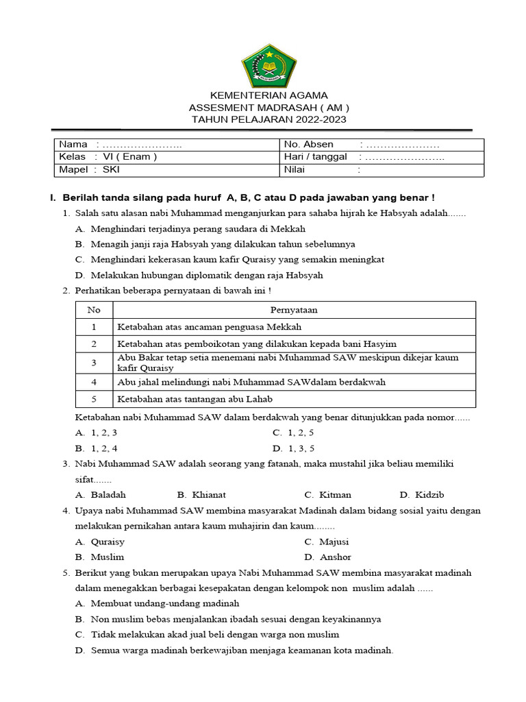 Soal Assesment Madrasah (AM) | PDF