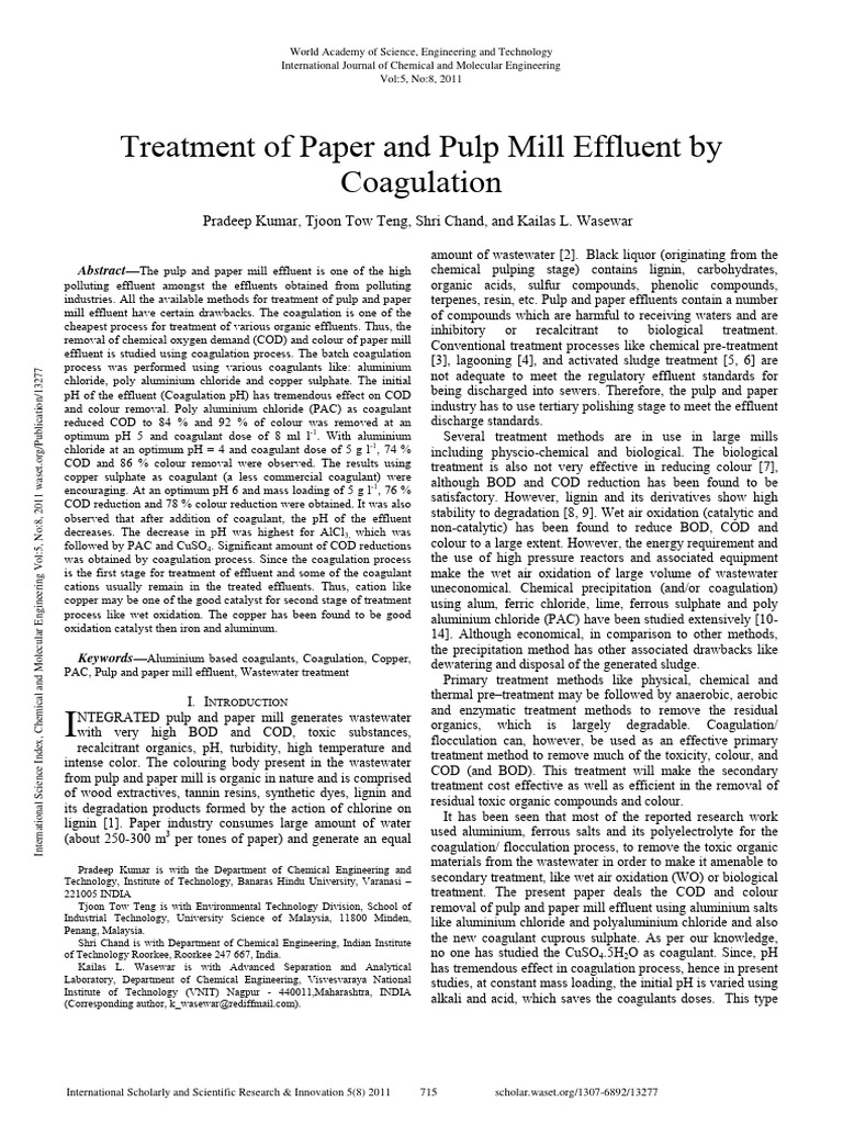Treatment of Paper and Pulp Mill Effluent by Coagulation | PDF