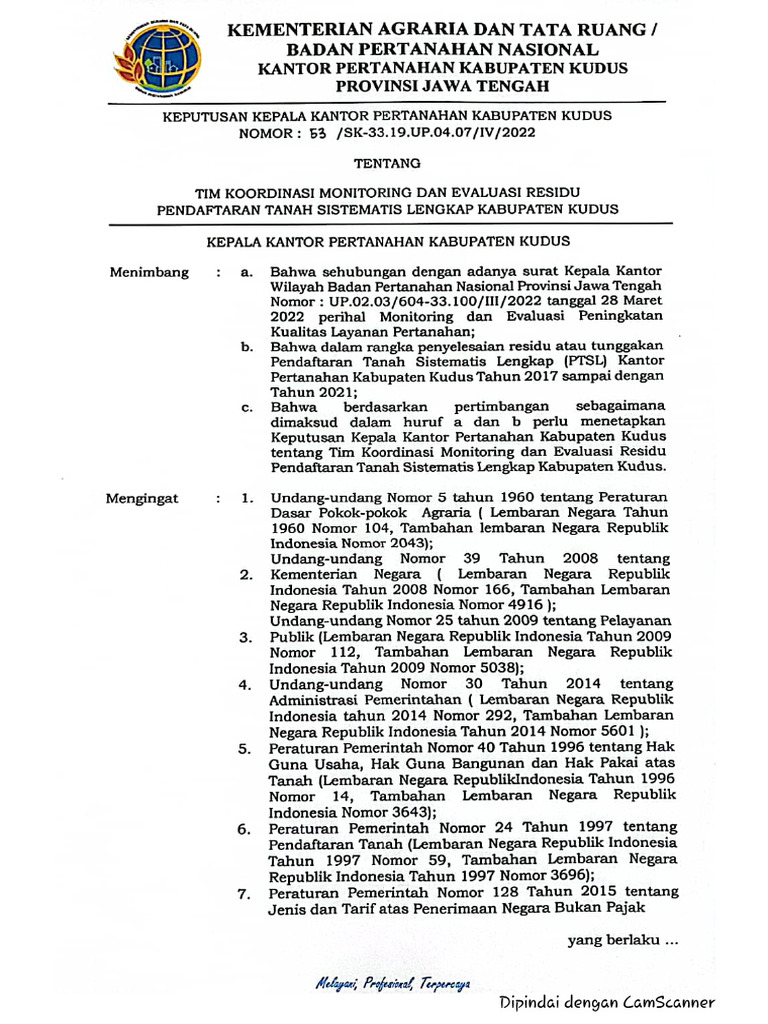 SK - TIM Koordinasi Monev Residu PTSL | PDF