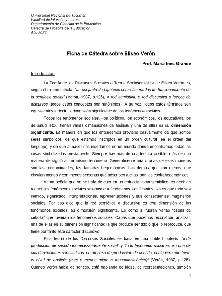Ficha de Cátedra Sobre Eliseo Verón | Descargar gratis PDF | Emile ...