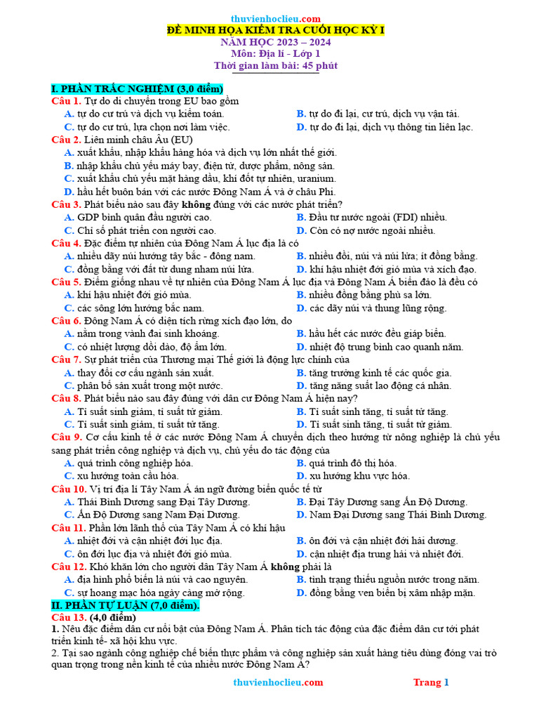 De On Thi HK1 Dia Li 11 KNTT | PDF