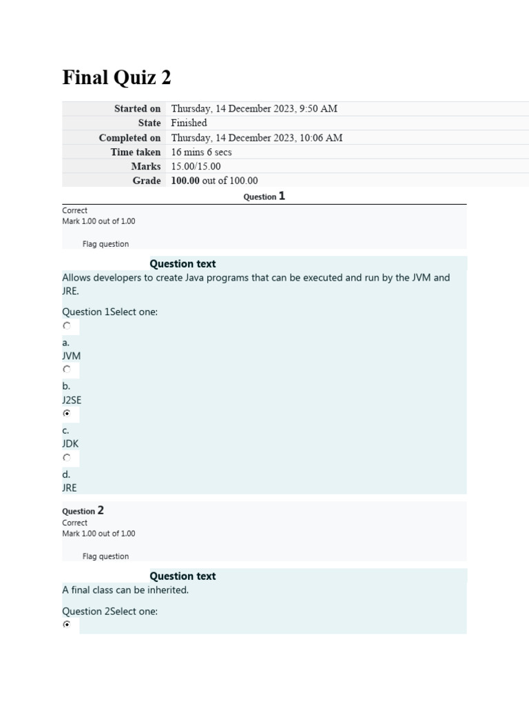 OOP Final Quiz 2 | PDF | Java Virtual Machine | Java (Software Platform) OOP Final Quiz 2 | PDF | Java Virtual Machine | Java (Software Platform)