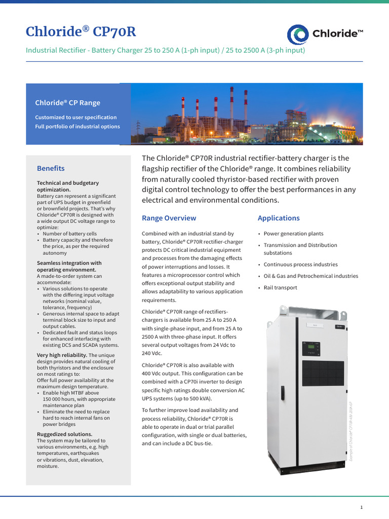 Chloride CP70R DS EN GL Rev10 0722 | PDF | Rectifier | Battery Charger