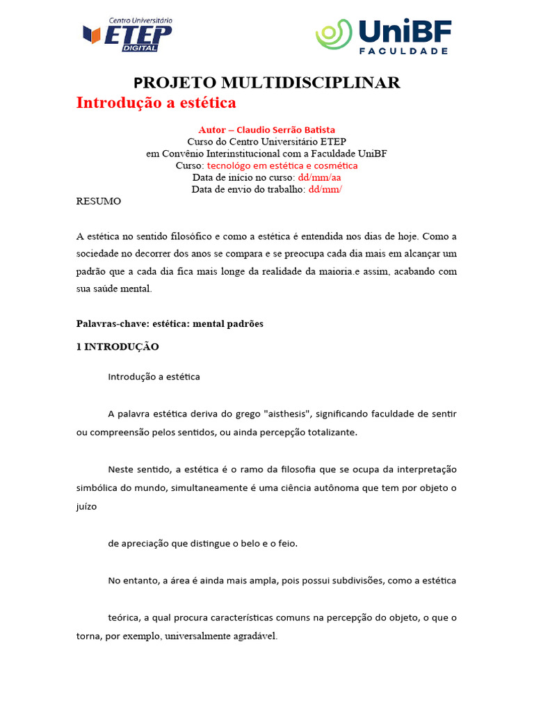 Modelo de Projeto Multidisciplinar | PDF | Beleza | Estética