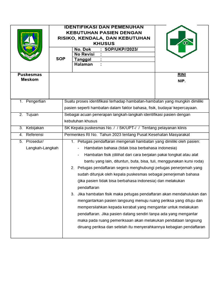 SOP Identifikasi Dan Pemenuhan Kebutuhan Pasien Dengan Risiko, Kendala, Dan Kebutuhan Khusus ...