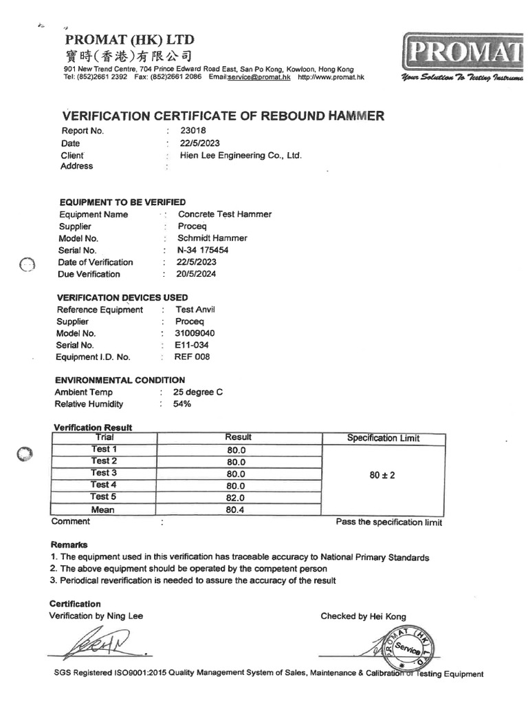 Rebound Hammer Cal. Cert. | PDF