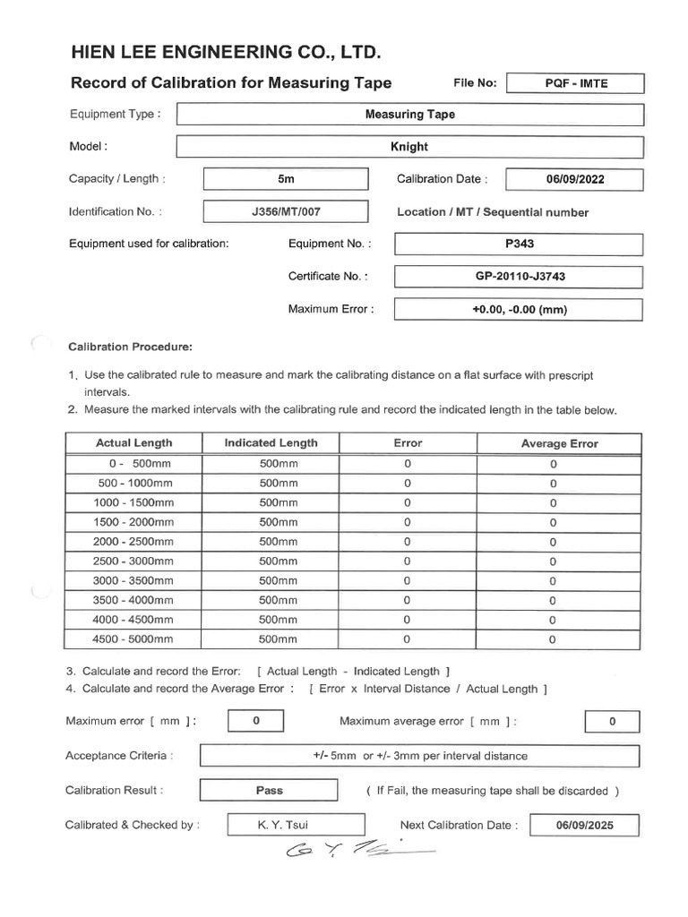 3. Measuring Tape Cal. Cert. | PDF