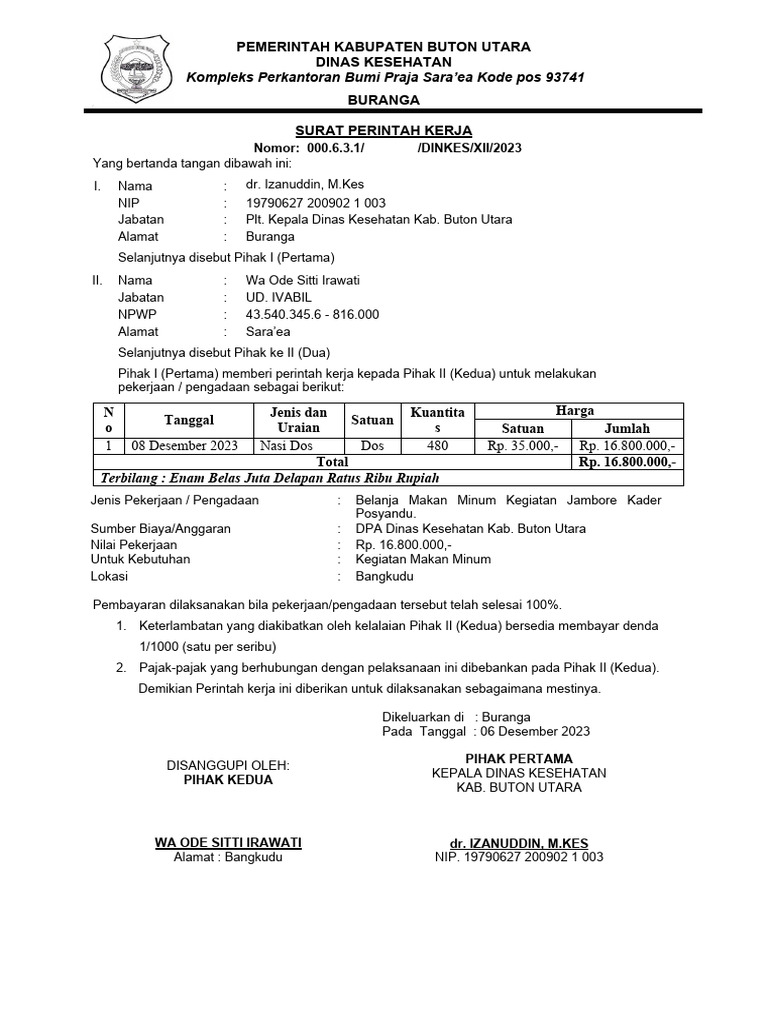 Surat Perintah Kerja Dinkes Buton | PDF