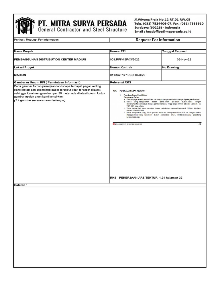 RFI (Request For Information) - DILATASI PAGAR PANEL BETON | PDF