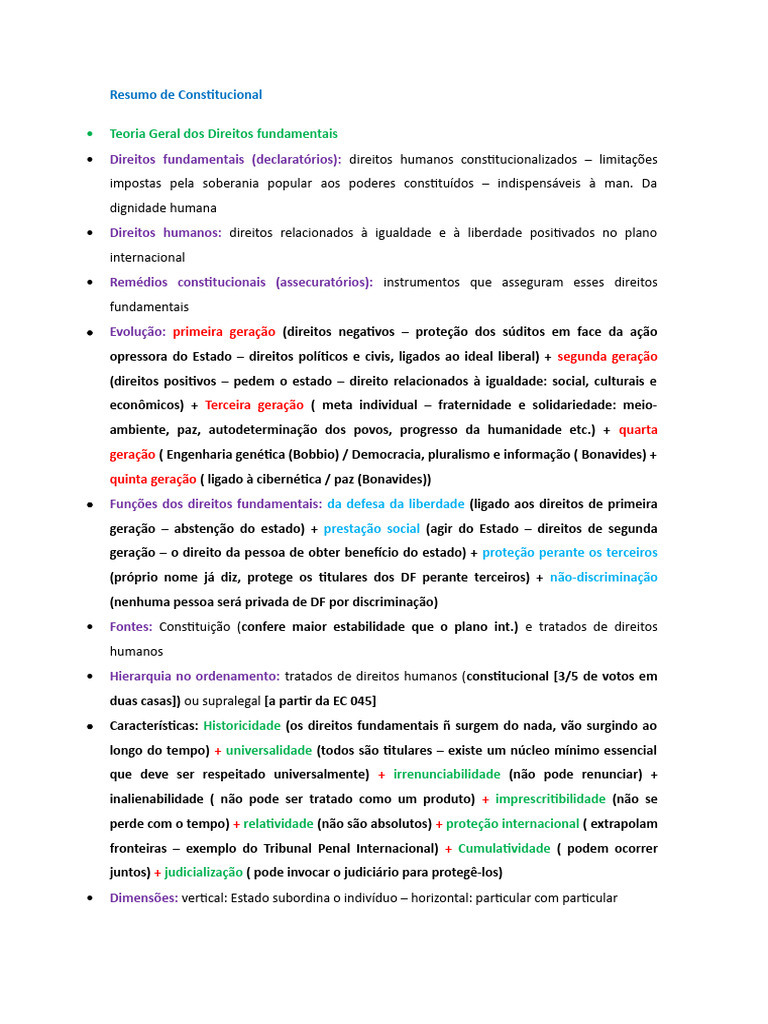 Resumo de Constitucional I (Teoria Geral Dos Direitos Fundamentais e ...