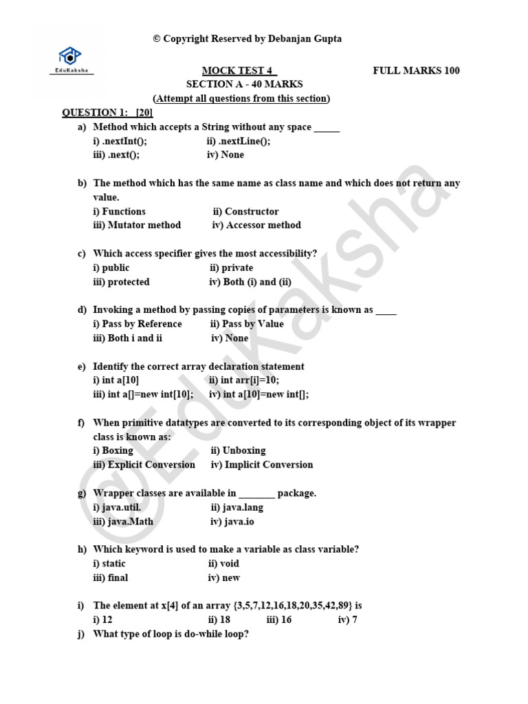 Class 10 Mock Test 4 Pdf Method Computer Programming Class Computer Programming
