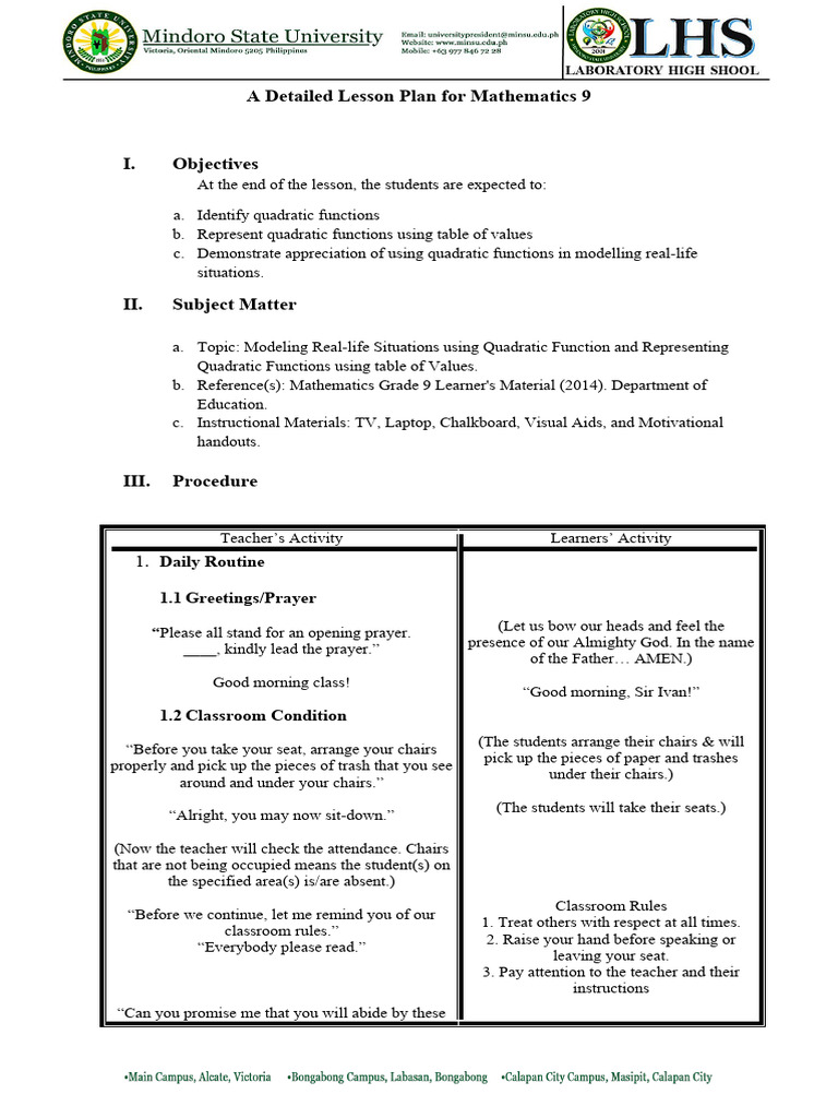 A Detailed Lesson Plan For Mathematics 9 | PDF | Area | Function ...
