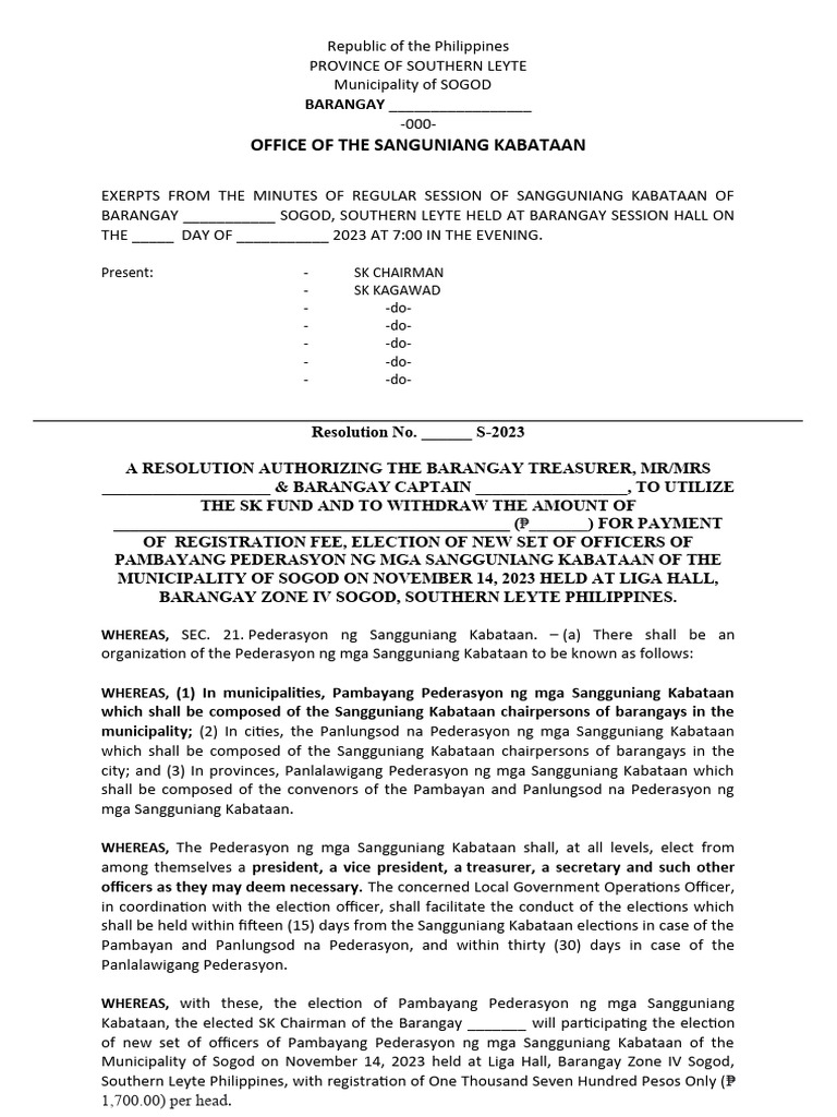 SK Fund Utilization Resolution Sogod | PDF | Philippines | Government