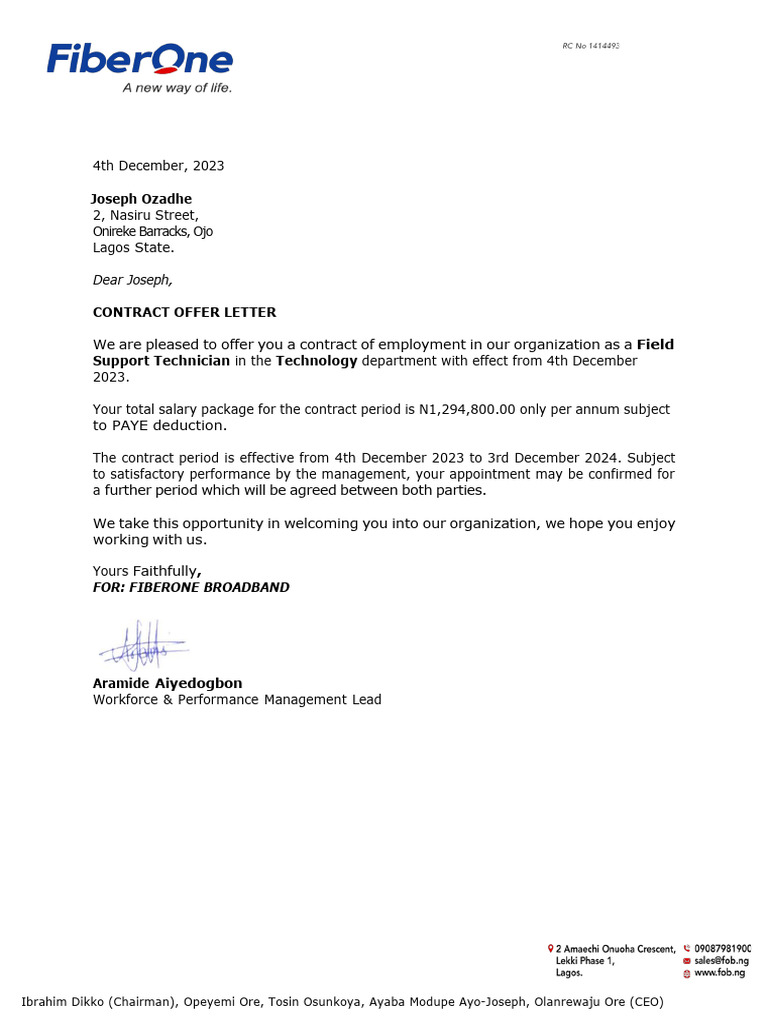 Contract Offer Letter - Joseph Ozadhe | PDF | Common Law | Labor