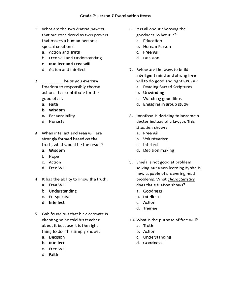 Grade-7-Examination-Items-Lesson-7 | PDF | Free Will | Truth