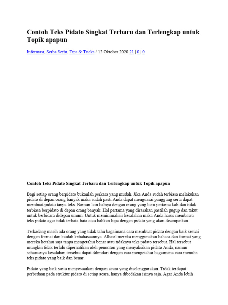 Contoh Teks Pidato Singkat Terbaru Dan Terlengkap Untuk Topik Apapun | PDF