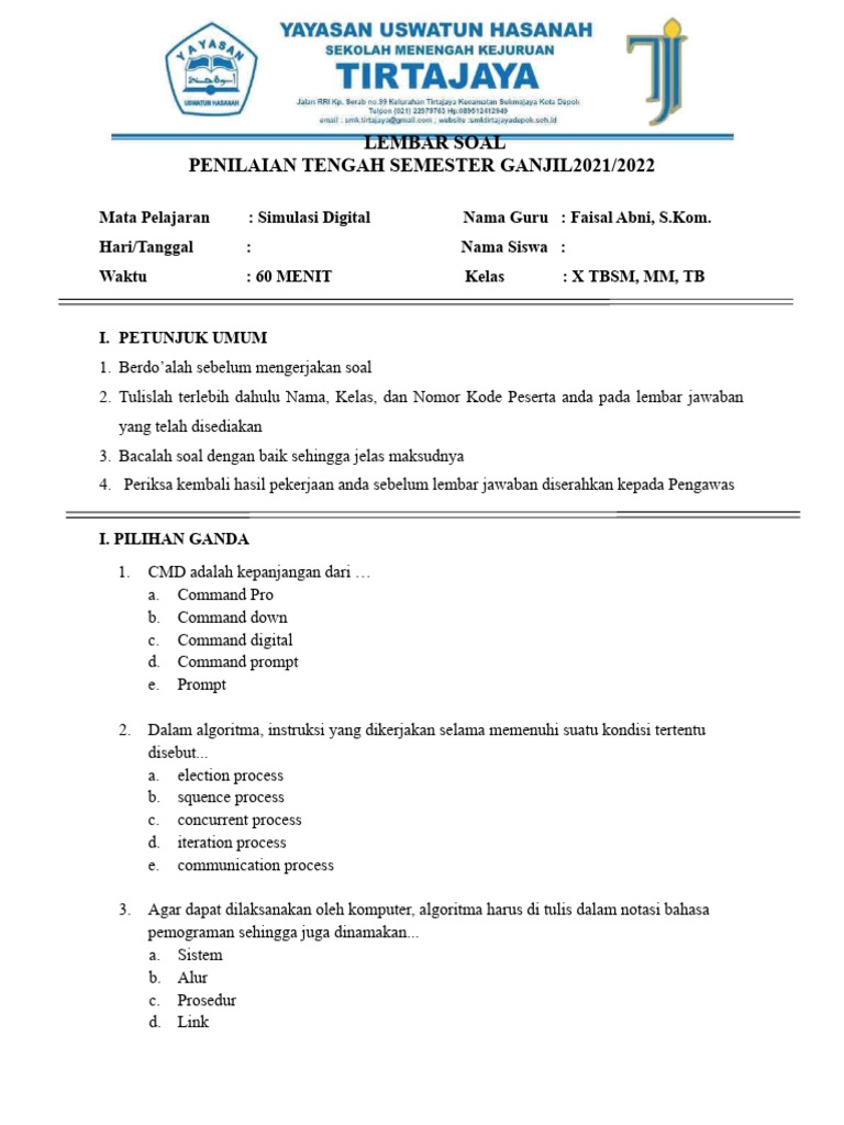 Soal PTS SIMDIG 2019 | PDF | Komputer