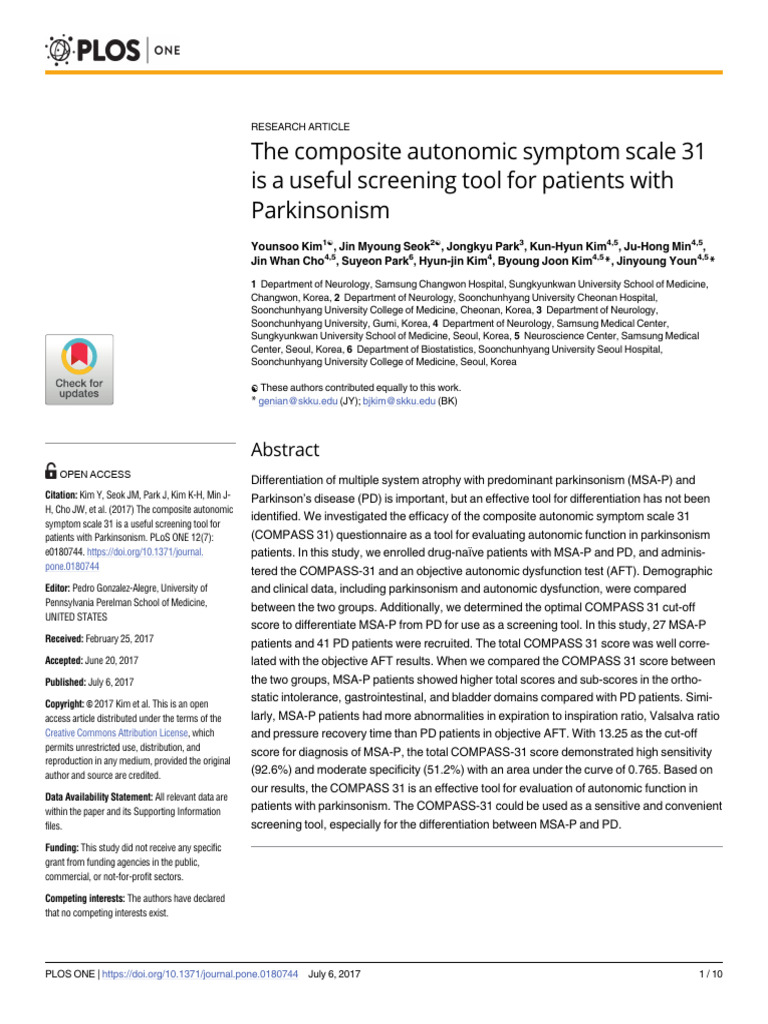 Korean COMPASS-31 PD and MSA | PDF | Parkinson's Disease | Medical ...