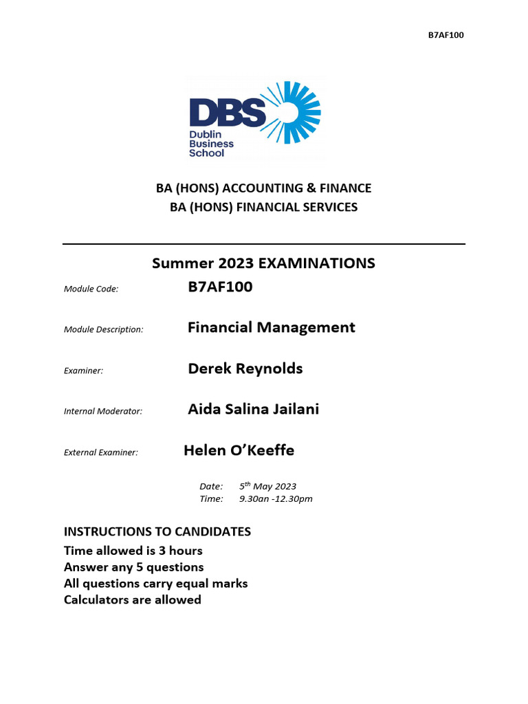 B7AF100 Financial Management May 2023 | PDF