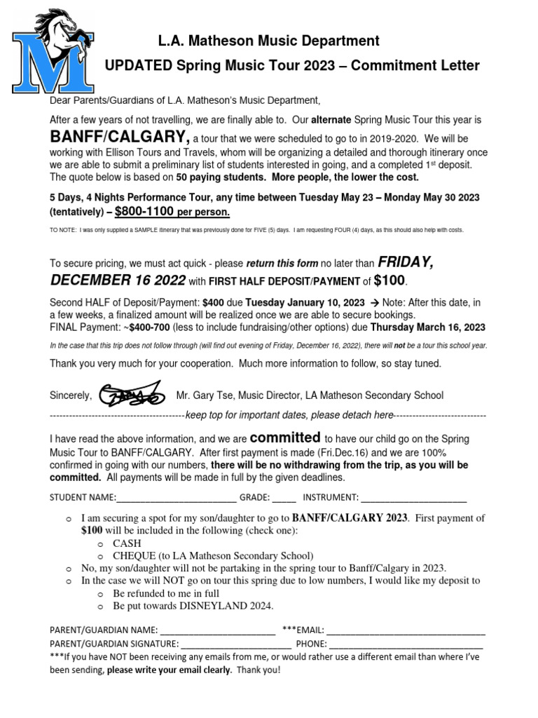 BANFF - CALGARY Parent Commitment Letter 2022-2023 - 1st | PDF | Money