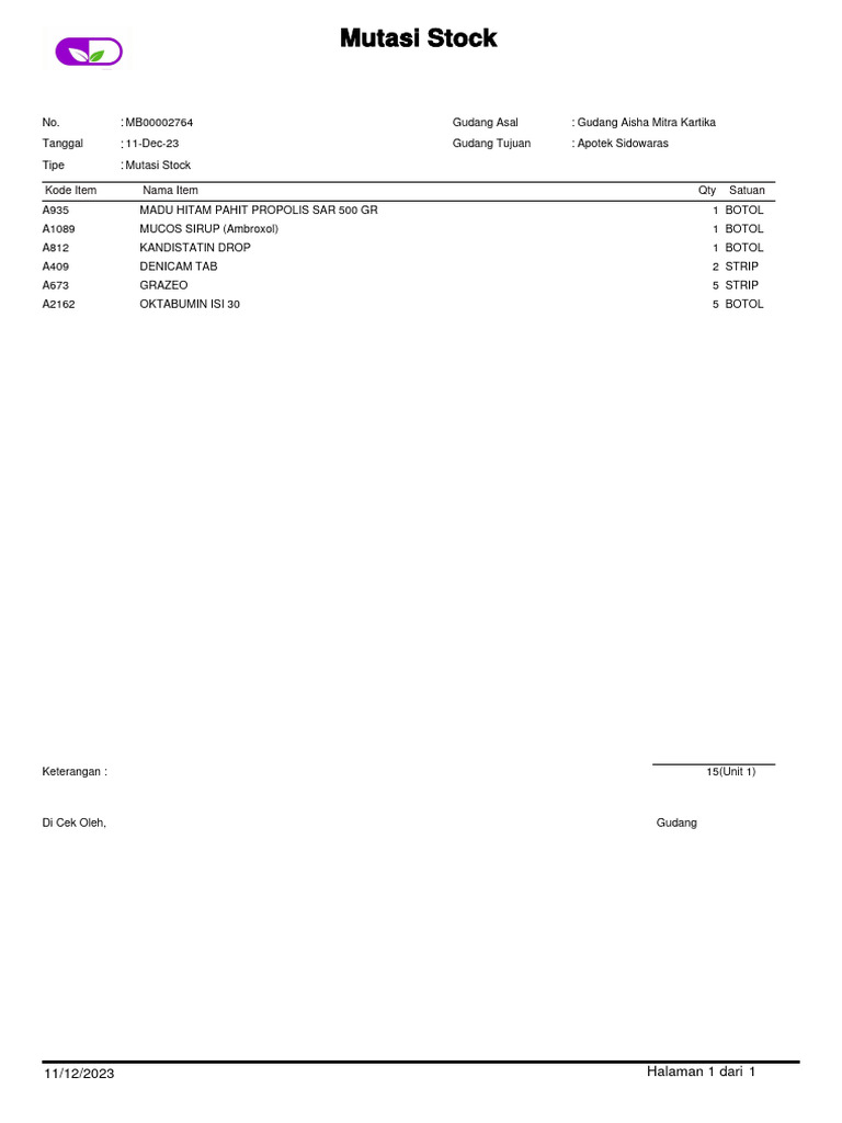 Apotek Aisha Mitra Kartika-Invoice Transfer Stok-MB00002764 | PDF