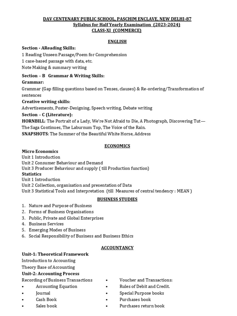 Commerce Class - XI Half Yearly -Syllabus (2023-24)-2 (4) | PDF ...