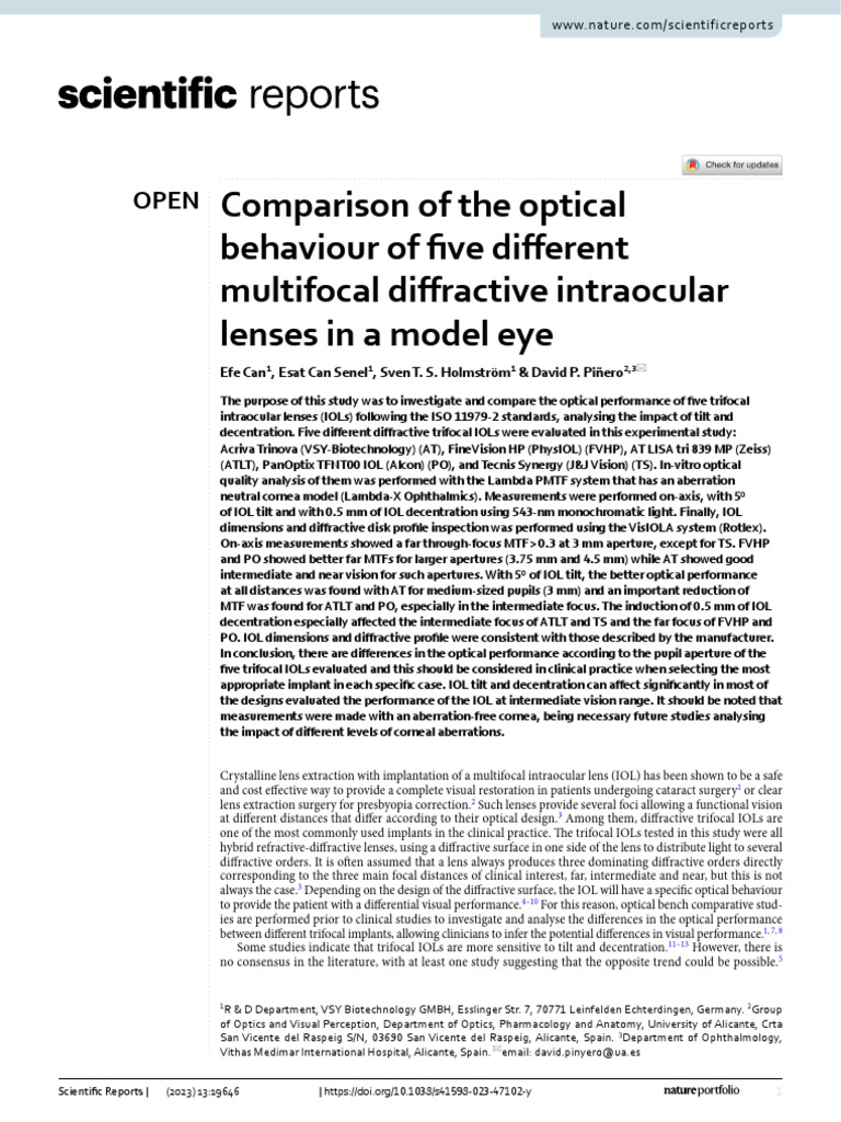 Comparison of The Optical Behaviour of Five Different Multifocal ...