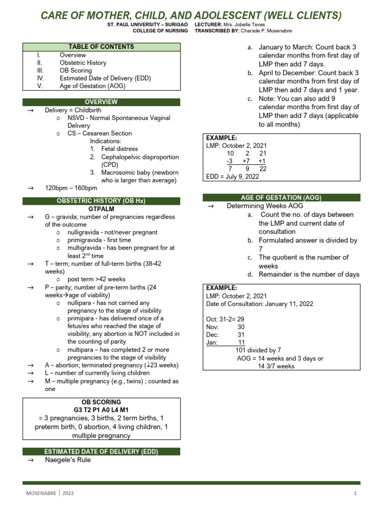 Overview, OB Scoring, AOG, and EDD | PDF | Childbirth | Pregnancy
