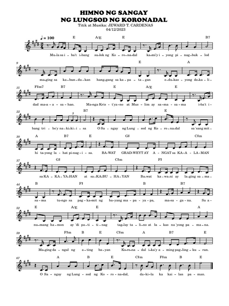 Updated Lyrics Melody Himno NG Sangay Nga Lungsod NG Koronadal | PDF