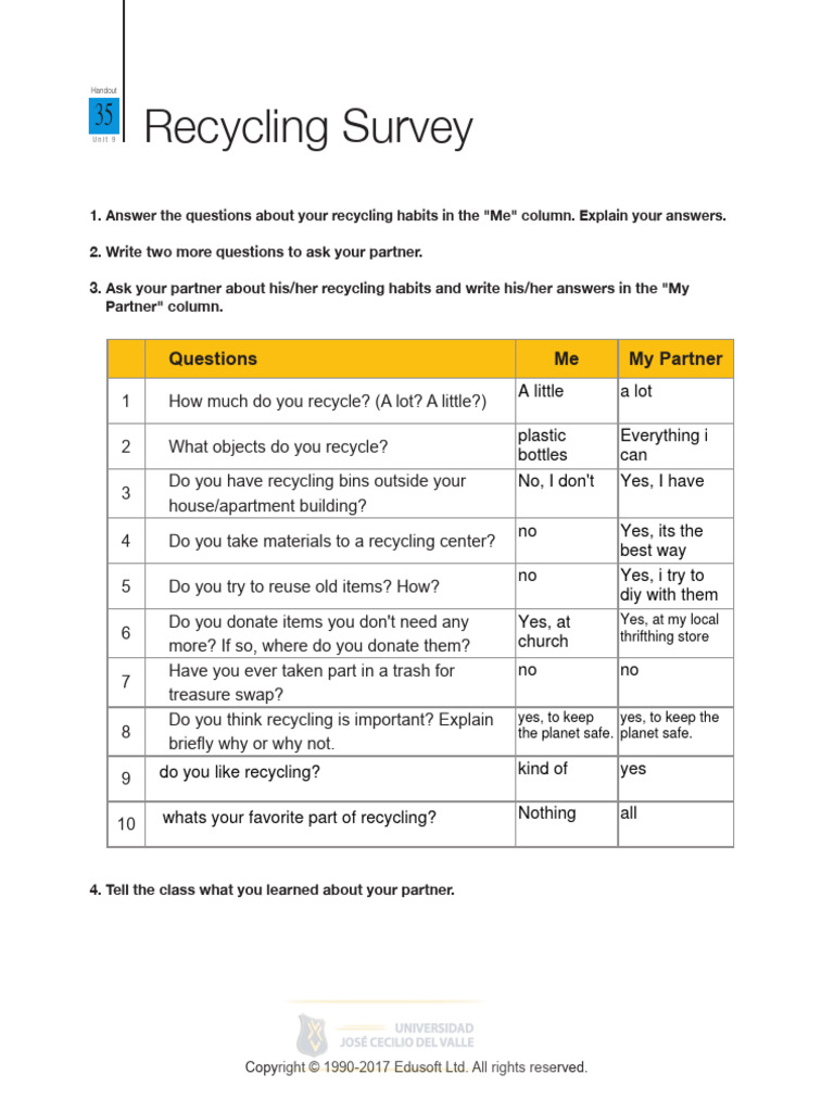 09 Intermediate II Handout 35 Unit 9 Recycling Recycling Survey | PDF