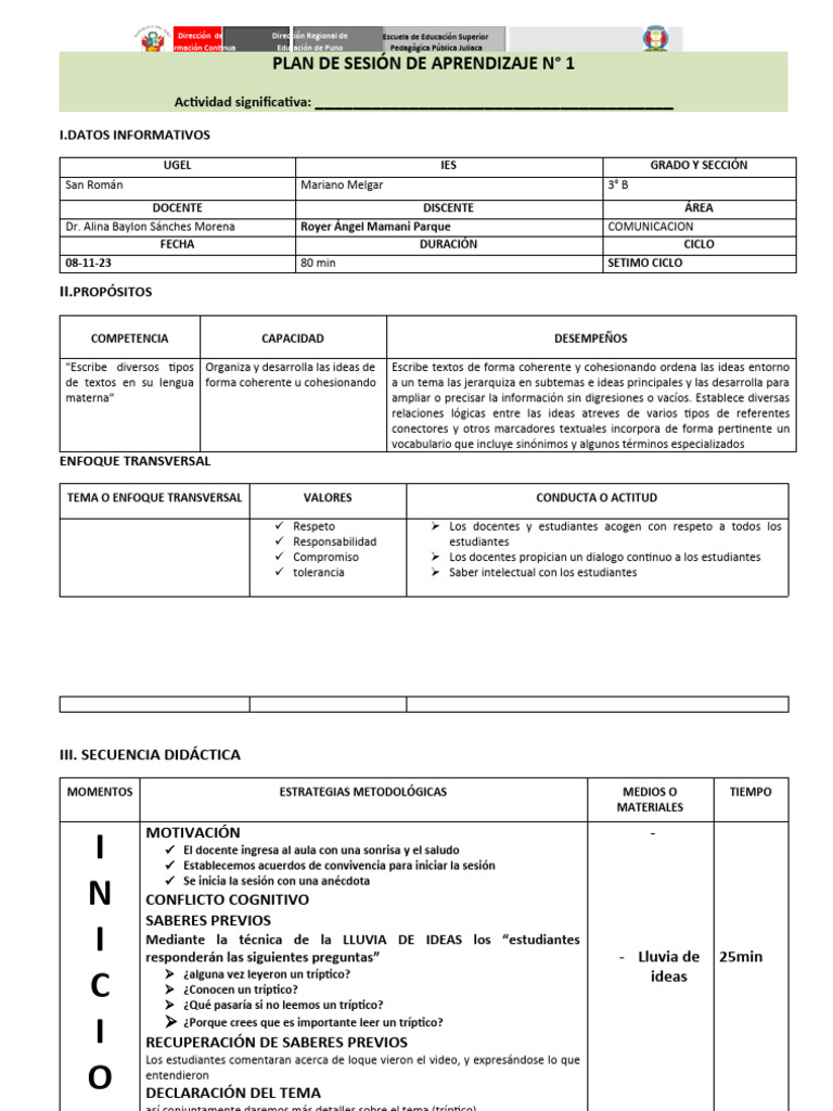 Plantilla PLAN DE SESIÓN DE APRENDIZAJE.1 | PDF | Evaluación | Maestros