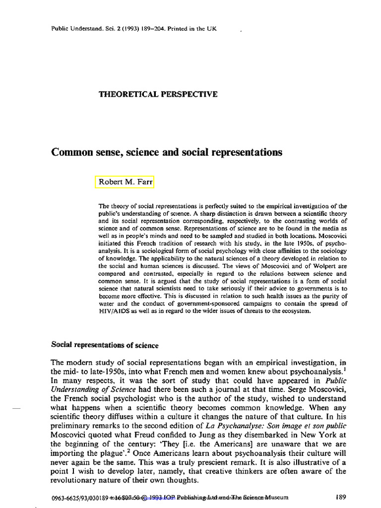 Common Sense As A Social Representation | PDF | Science | Social Sciences