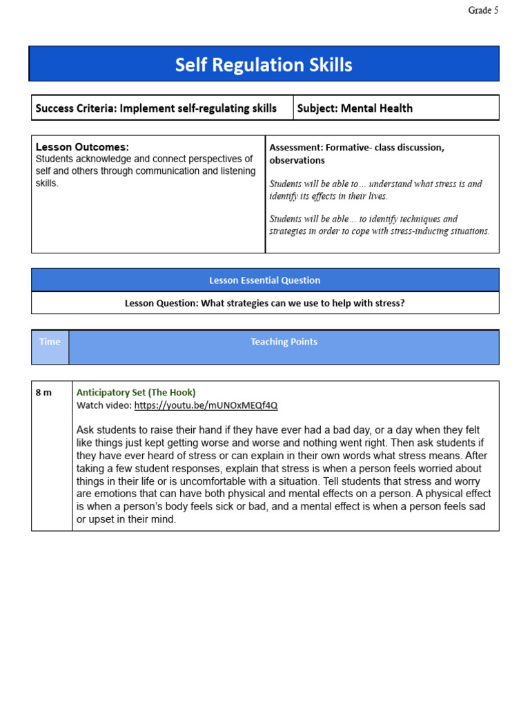 Mental Health Lesson - Self Regulation Skills Grade 5 | Download Free ...