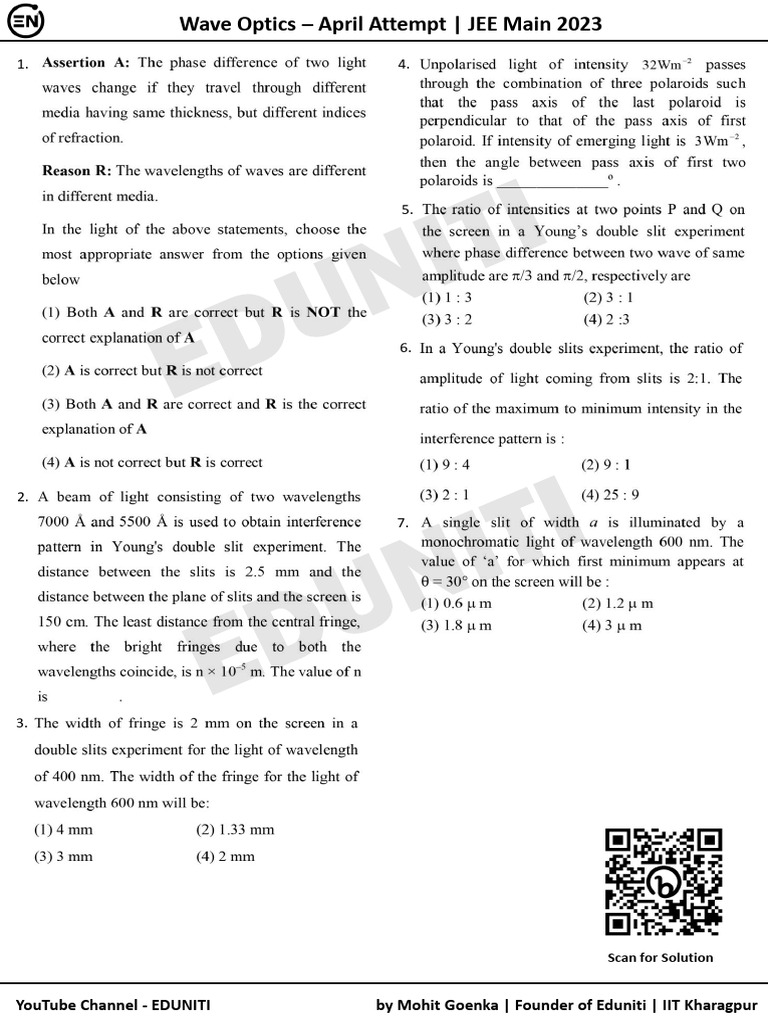 Wave Optics Em Waves Jee Main 2023 April Eduniti Pdf