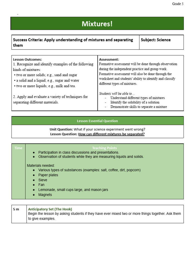 Observation Lesson - Mixtures | PDF | Solubility | Mixture