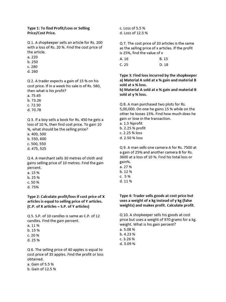 Profit and Loss Calculation Exercises | PDF | Cost | Prices