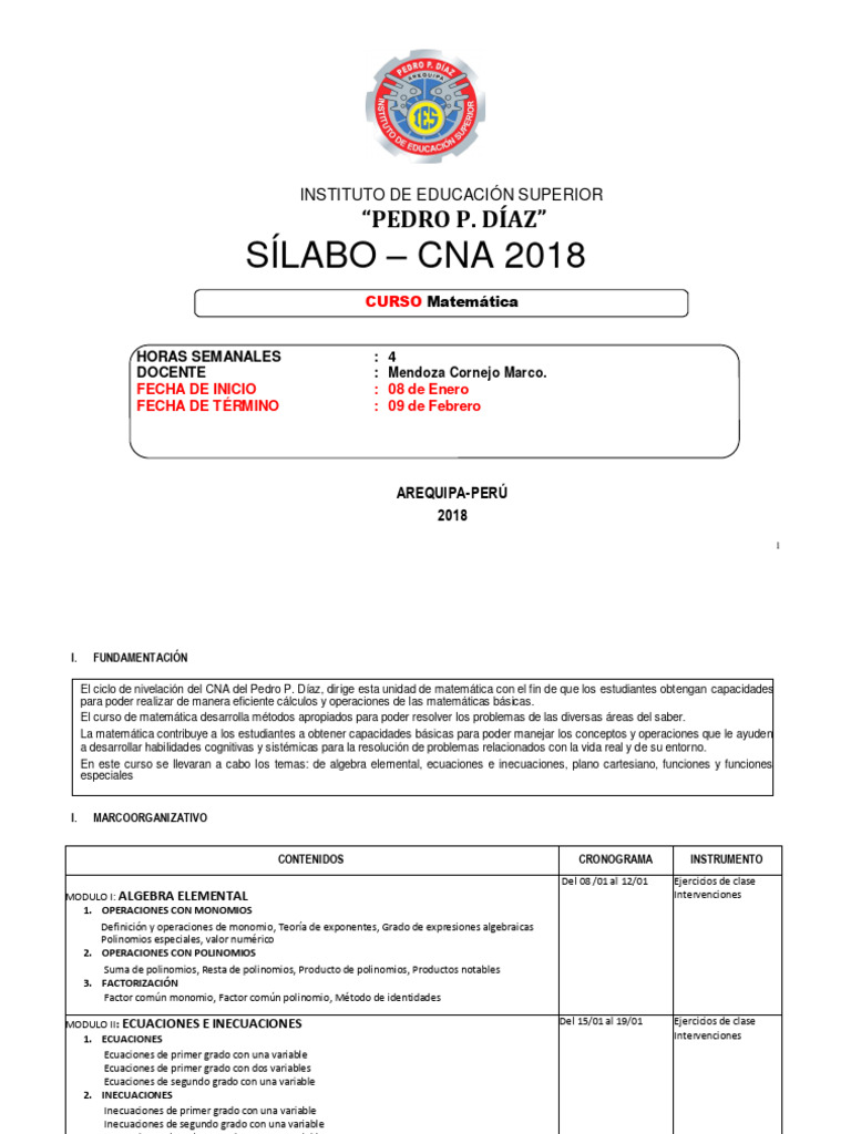Silabo de Matematica Formato | Descargar gratis PDF | Ecuaciones | Funciones trigonométricas