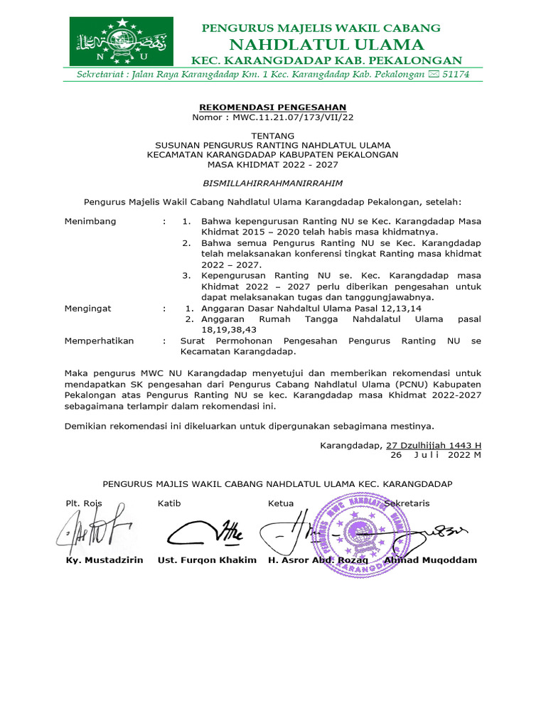 Surat Rekomendasi MWC NU RANTING 2022 | PDF