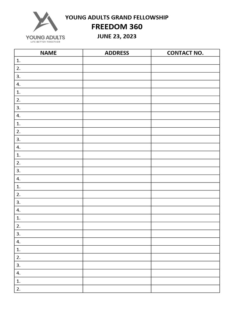 Young Adults Grand Fellowship Reg Form | PDF