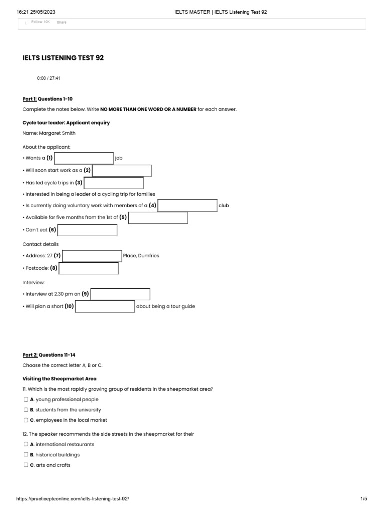 IELTS MASTER - IELTS Listening Test 92 | PDF | Noise | Sound