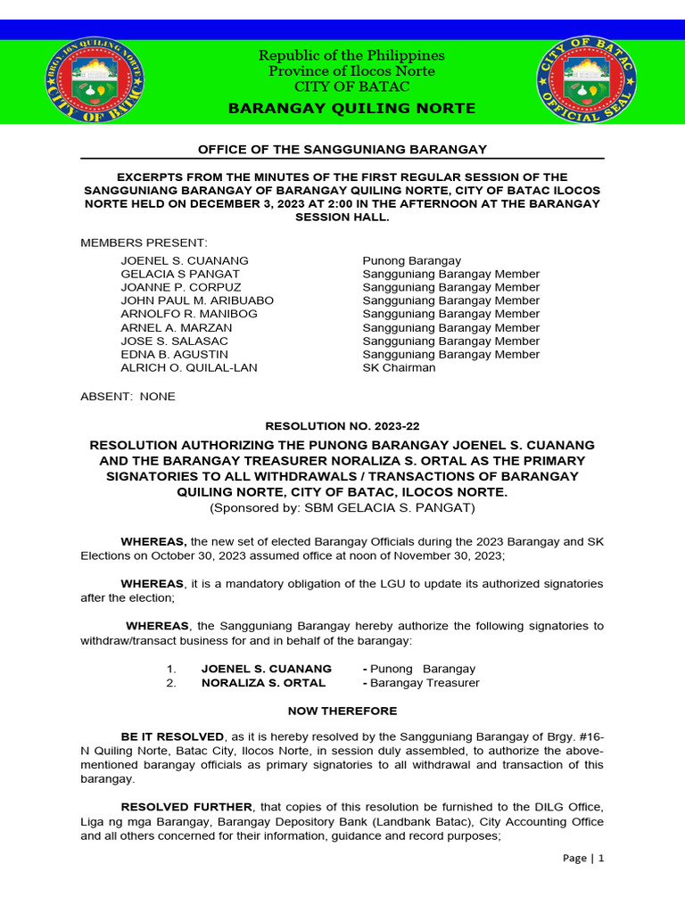 2023 Barangay Resolution No. 2023-22 - Resolution Updating The ...