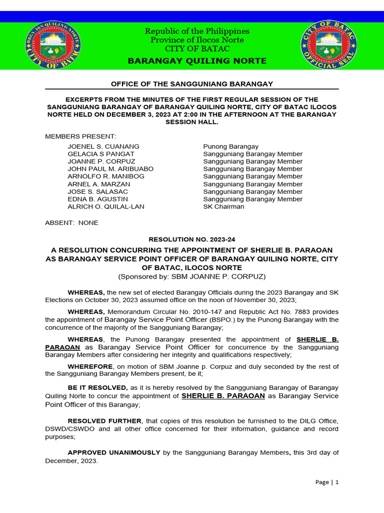 2023 Barangay Resolution No. 2023-24 - Resolution Concurring The ...