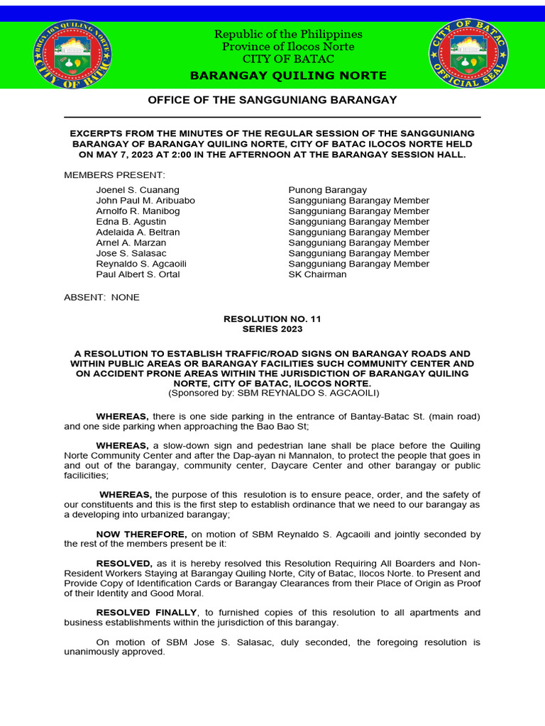 Barangay Resolution for Road Signage | PDF | Government