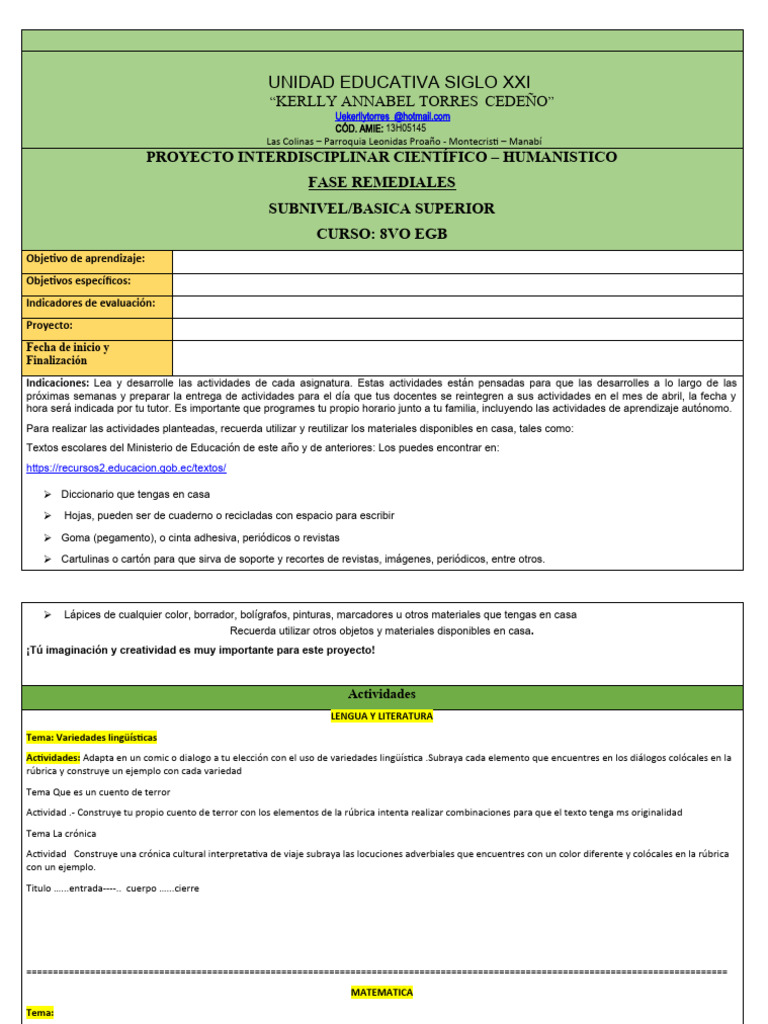8vo Egb Proyecto de Evaluacion Remediales | PDF | Arte