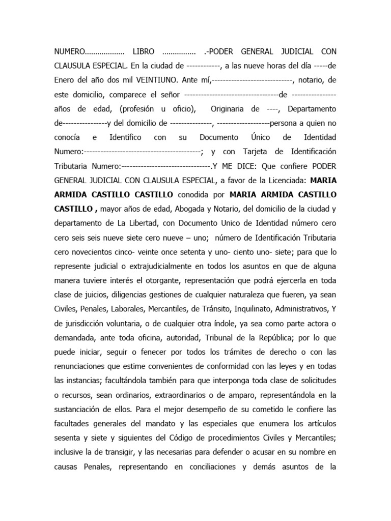 Modelo de Poder General Judicial Con Clausula para Solicitar Testamento ...
