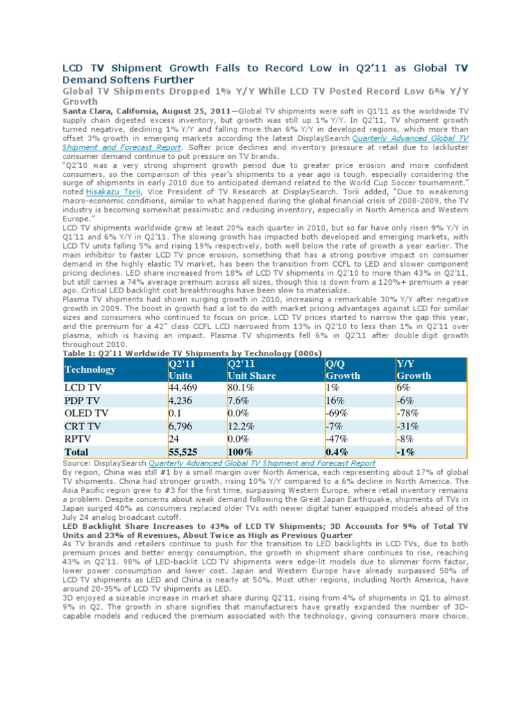 LCD TV Shipment Growth Falls To Record Low in Q2 2011 | PDF ...