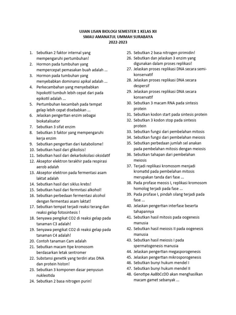 Ujian Lisan Kelas XII-1 Semester Ganjil TAHUN 2023 | PDF
