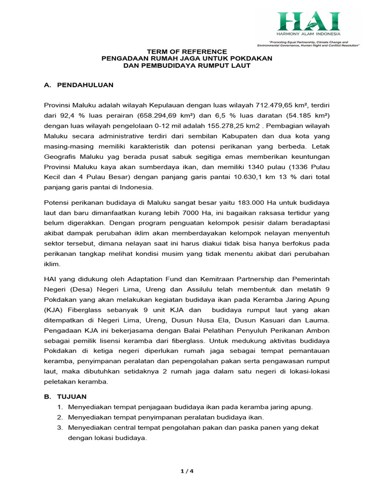 TOR - Pembuatan Rumah Jaga - KJA-tahap 1 | PDF | Griya & Taman